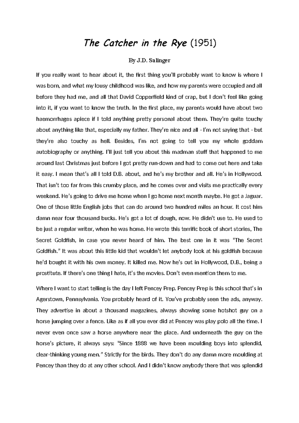 Catcher in the Rye (Extract) - J.D. Salinger Analysis - Studocu