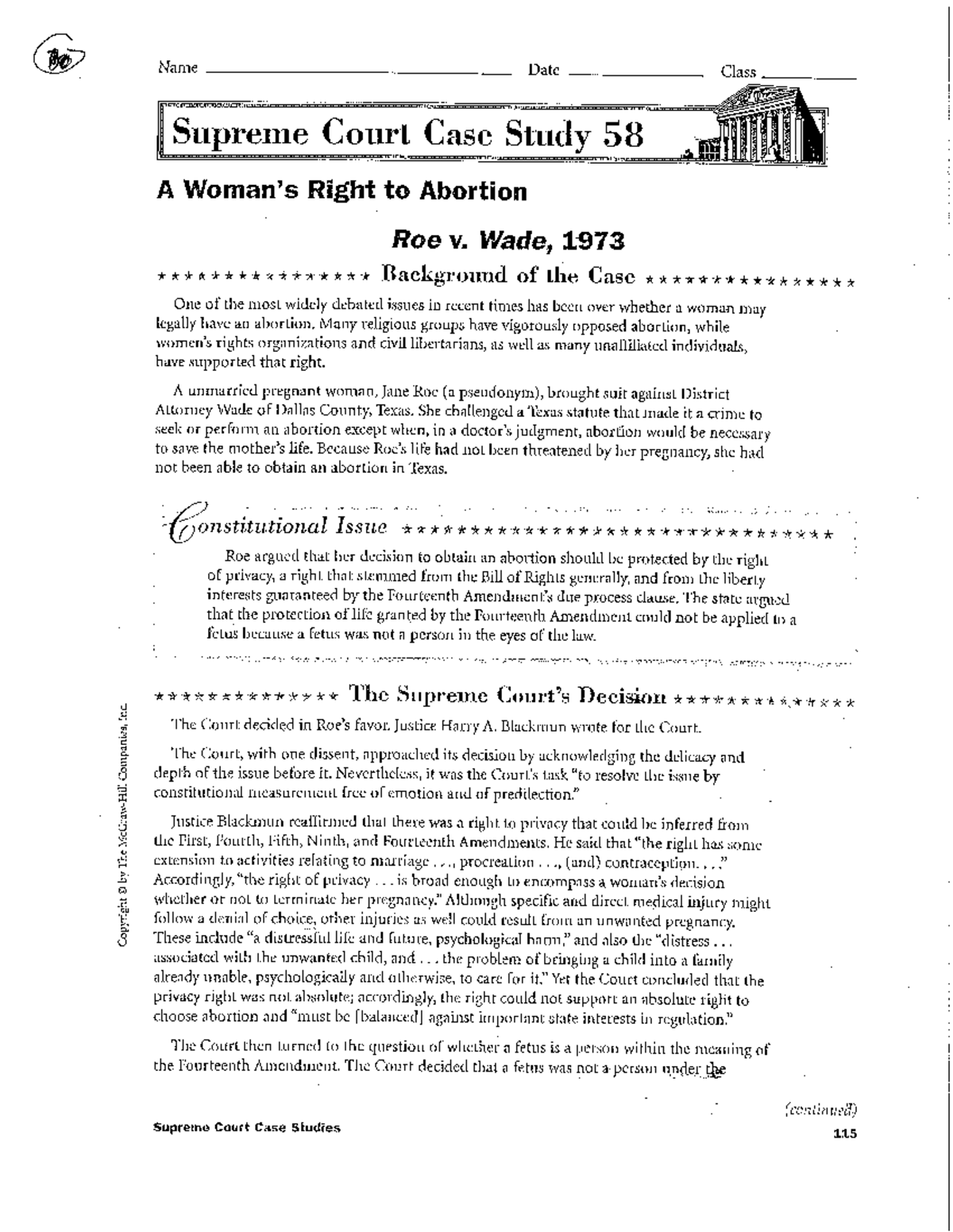 SCC Supreme Court Case Study: Analyzing Roe v. Wade (1973) - Studocu