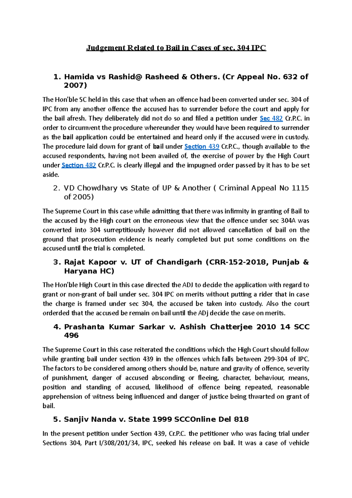Bail Related Judgments Under Sec 304 IPC: Key Case Summaries - Studocu