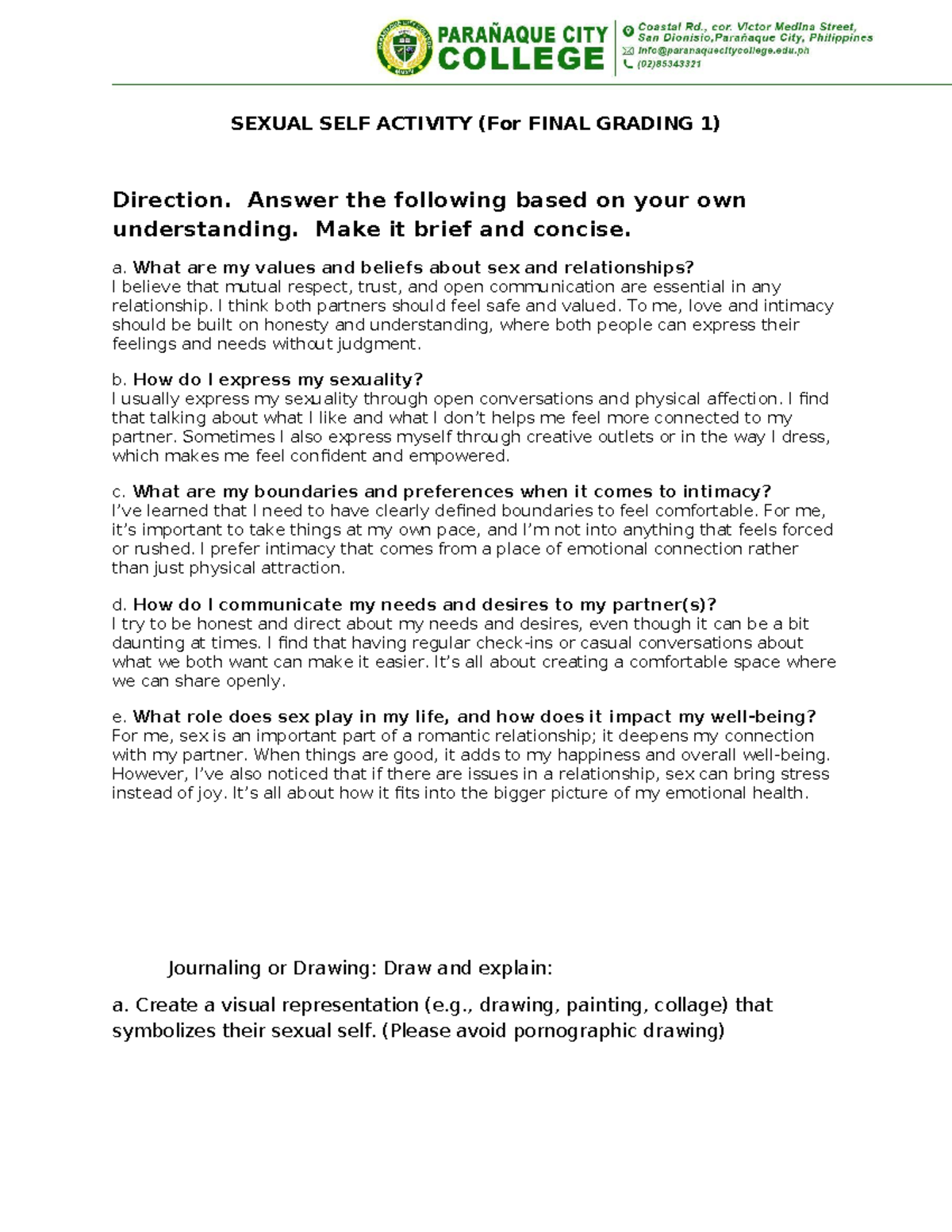 Final Grading 1: Reflections on Sexual Self Activity - Studocu