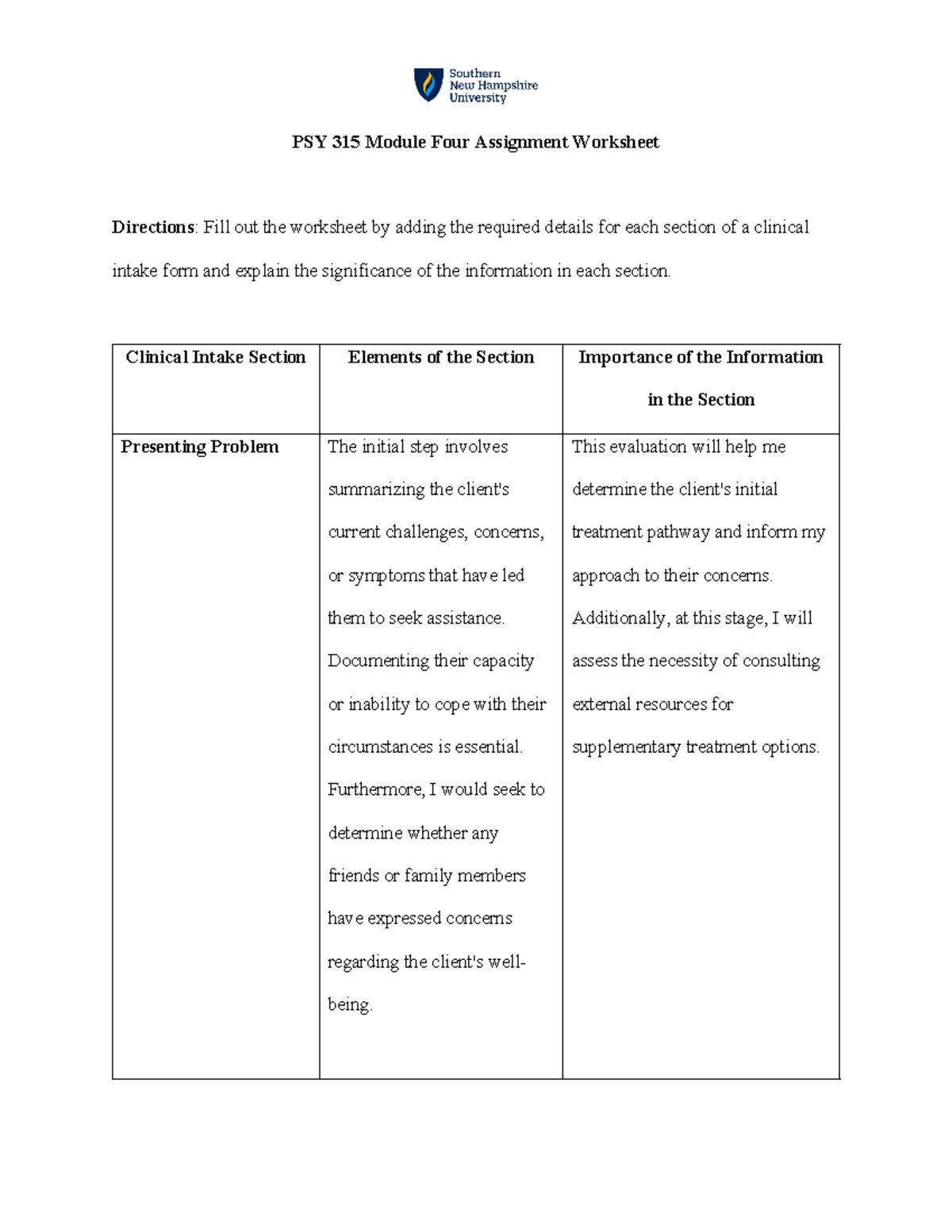 PSY 315 Module Four Clinical Intake Form Assignment Worksheet - Studocu
