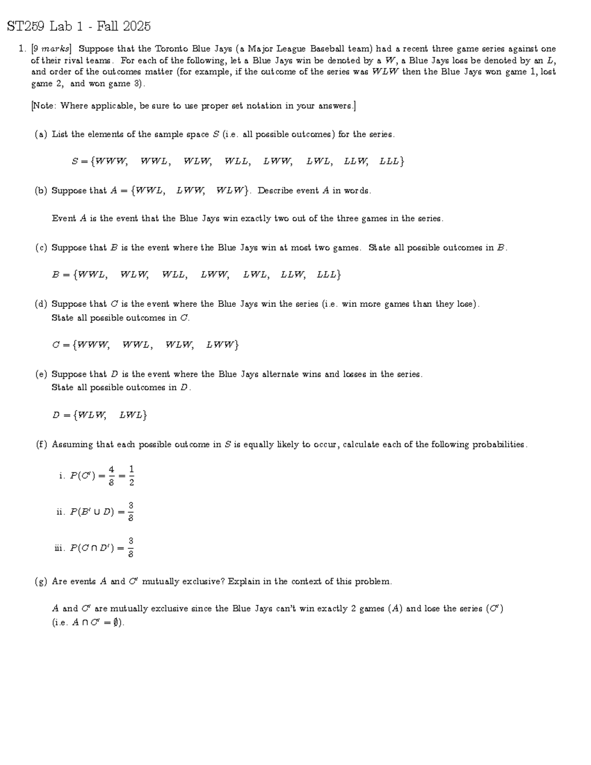 ST259 Lab 1 Solutions: Blue Jays Series & Dice Simulation Analysis - Studocu