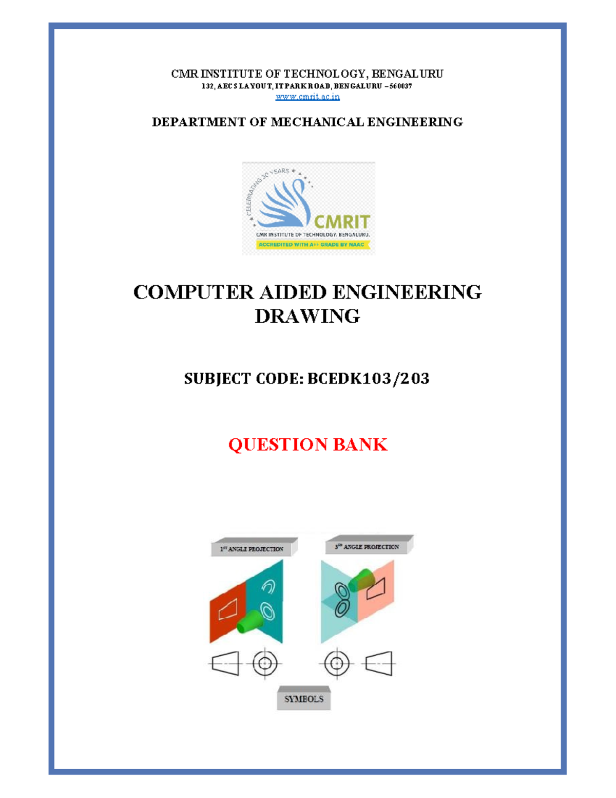 CAED 2023 - Comprehensive Question Bank for Engineering Drawing - Studocu