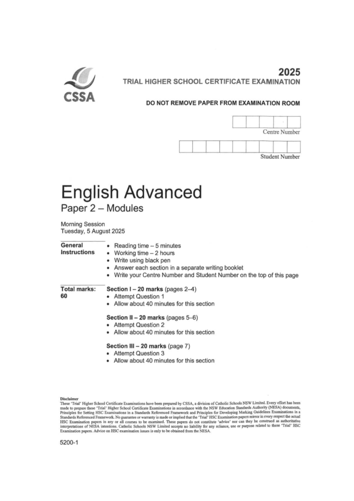 2025 HSC English Advanced Paper 2 Exam - CSSA Guidelines - Studocu