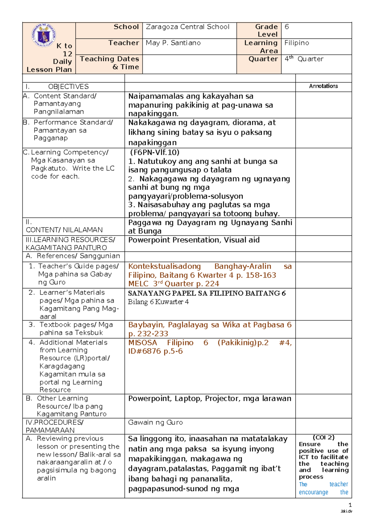Grade 6 Daily Lesson Plan for Filipino - 4th Quarter (COT 2025) - Studocu