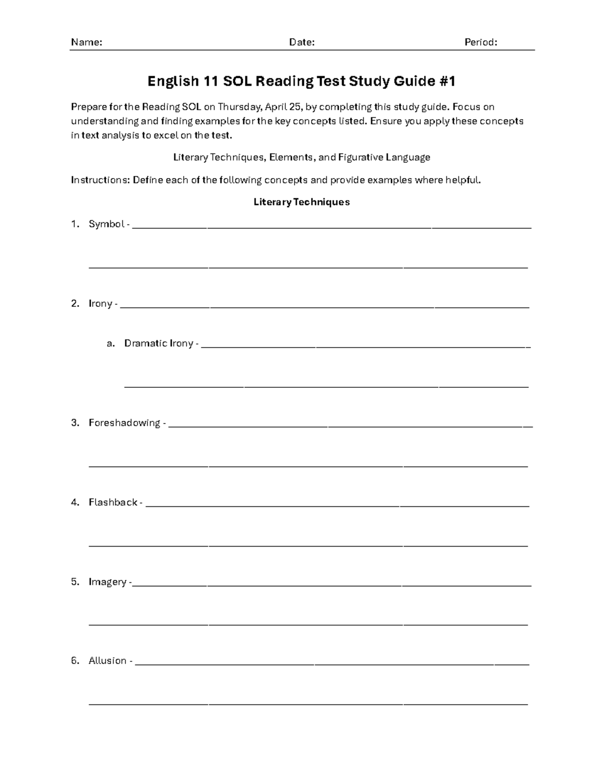 English 11 SOL Reading Test Prep: Key Concepts & Literary Techniques ...