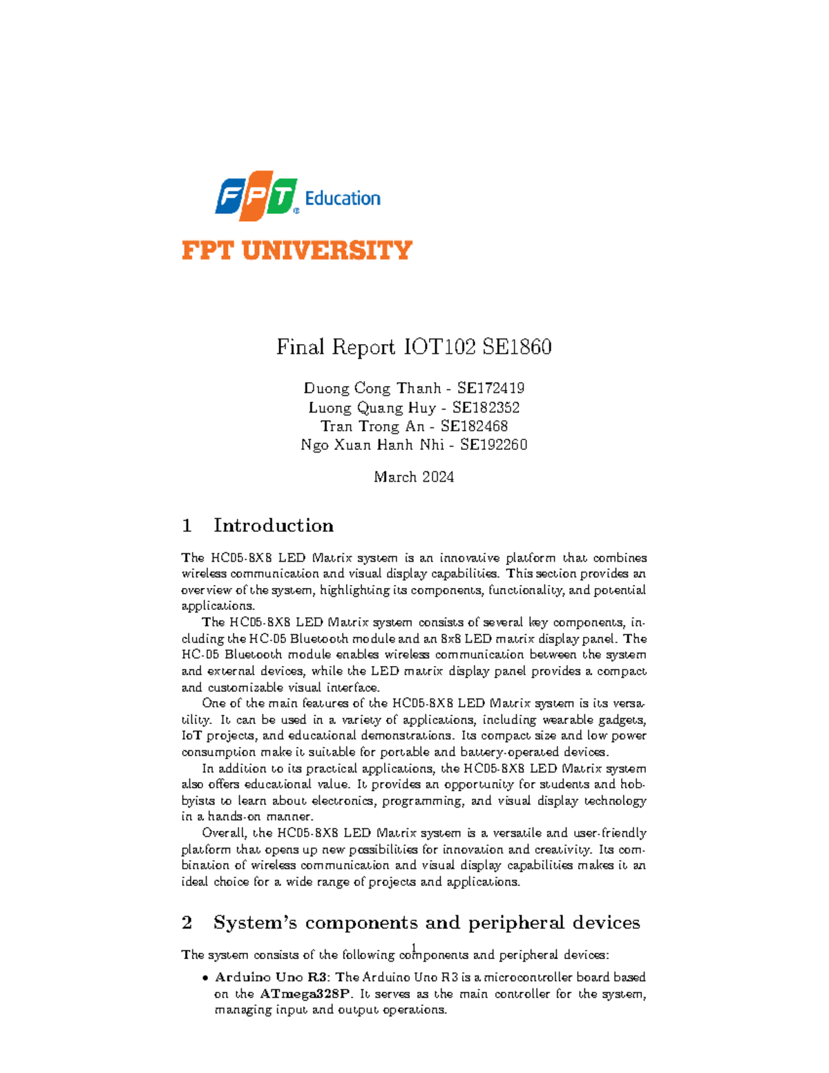 IOT102 Final Report on HC05-8X8 LED Matrix System Implementation - Studocu