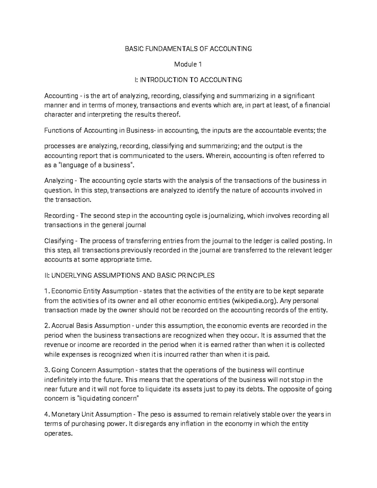 BASIC FUNDAMENTALS OF ACCOUNTING Module 1: Intro to Accounting Concepts ...