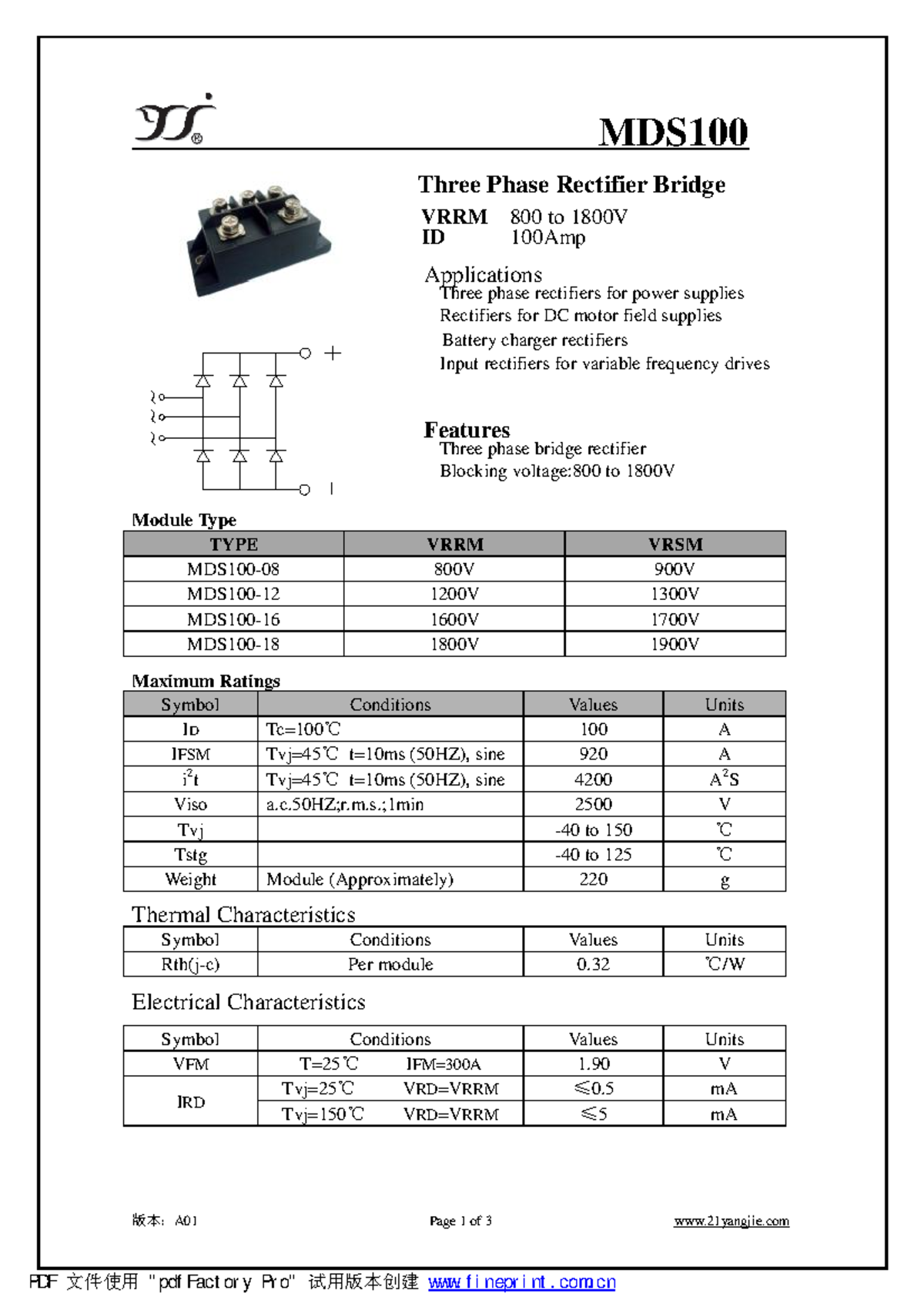 MDS100 Final Exam: Three Phase Rectifier Bridge Applications and Specs ...
