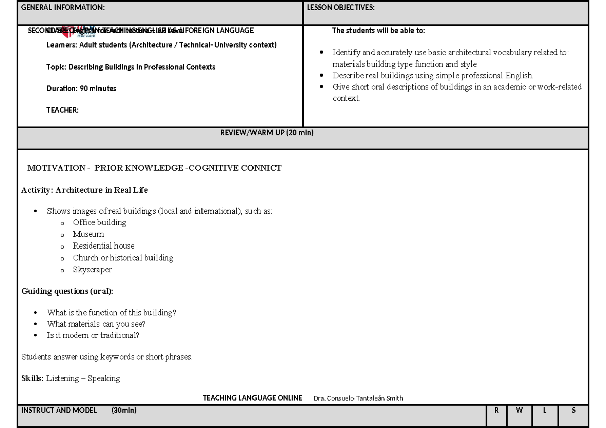 A2 Level English Lesson Plan: Describing Buildings in Architecture ...