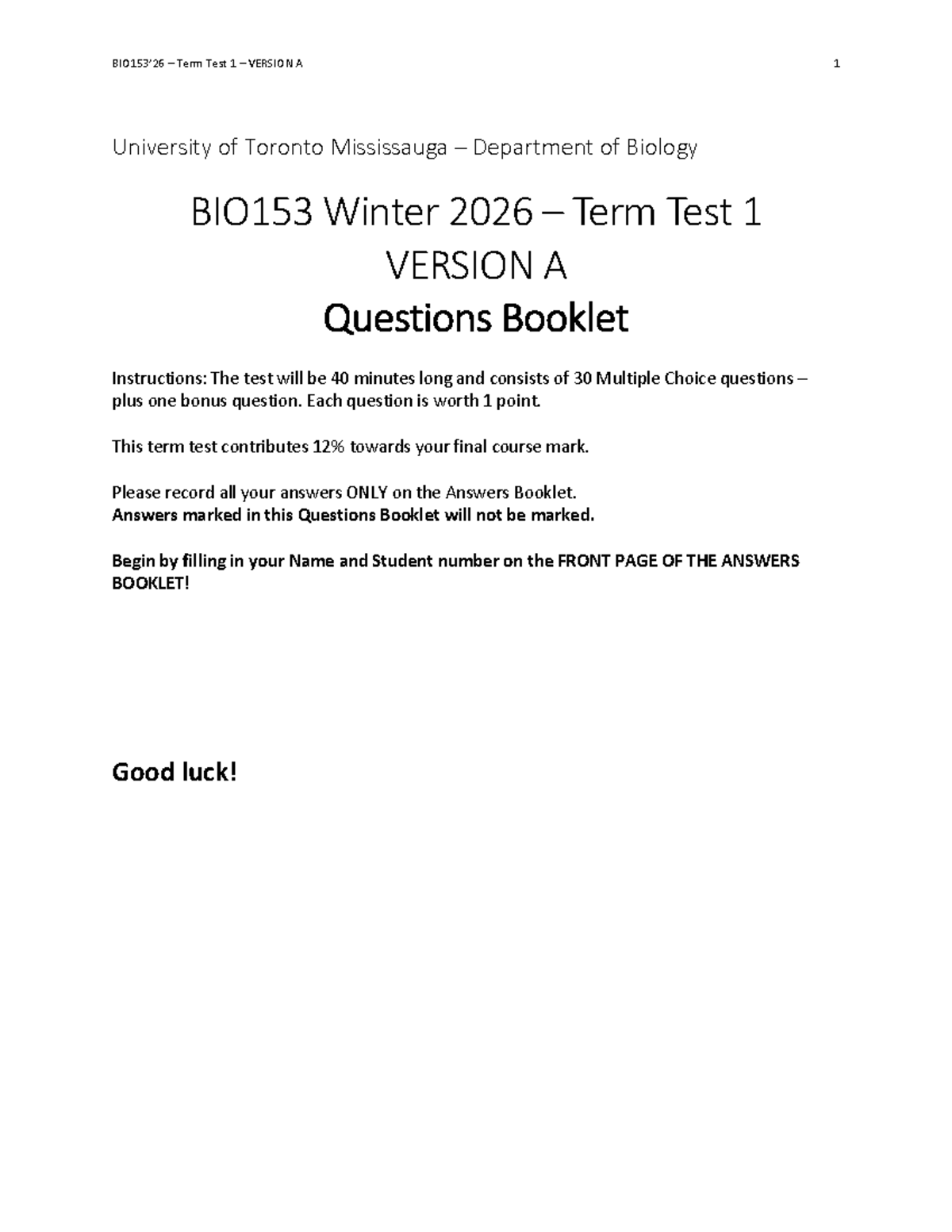 BIO153 Winter 2026 Term Test 1 VERSION A Questions Booklet - Studocu