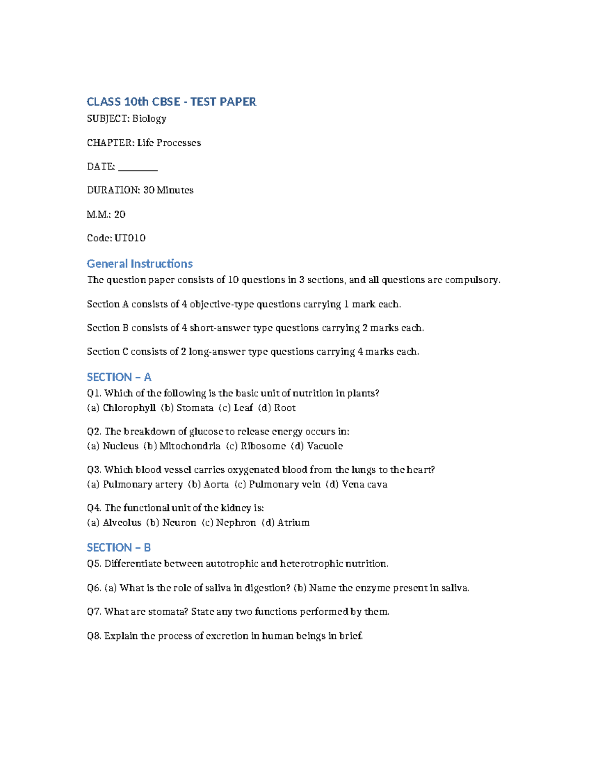 Class 10 CBSE Biology Test Paper: Life Processes (UT010) - Studocu