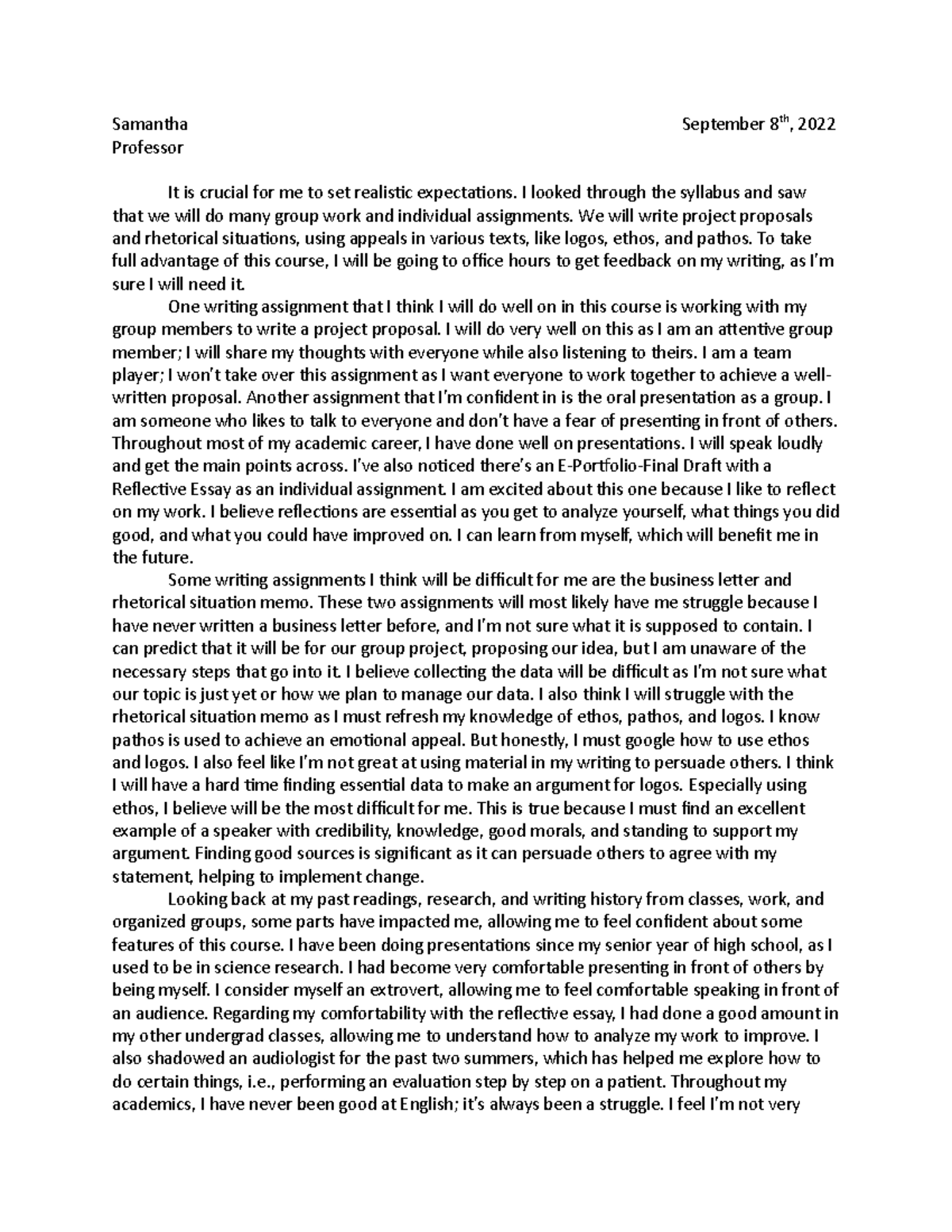 Reflective Essay #1 - Samantha September 8th, 2022 Professor It is ...