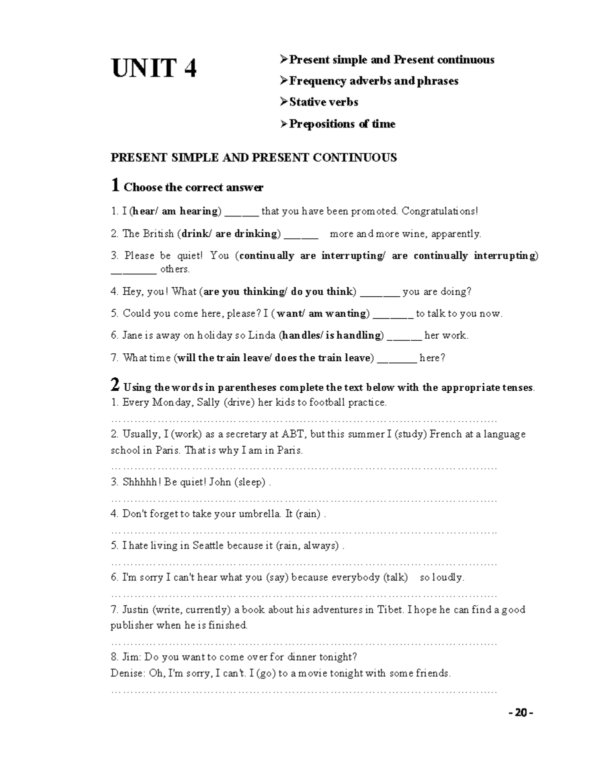 Present tenses - UNIT 4 Present simple and Present continuous Frequency ...