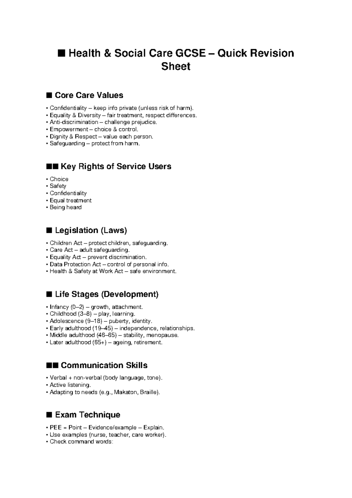 Health Social Care GCSE Quick Revision: Core Care Values & Legislation ...