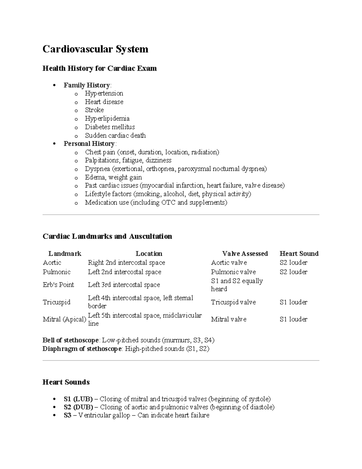 Test Material HA 3 - Cardiovascular System Health History for Cardiac ...