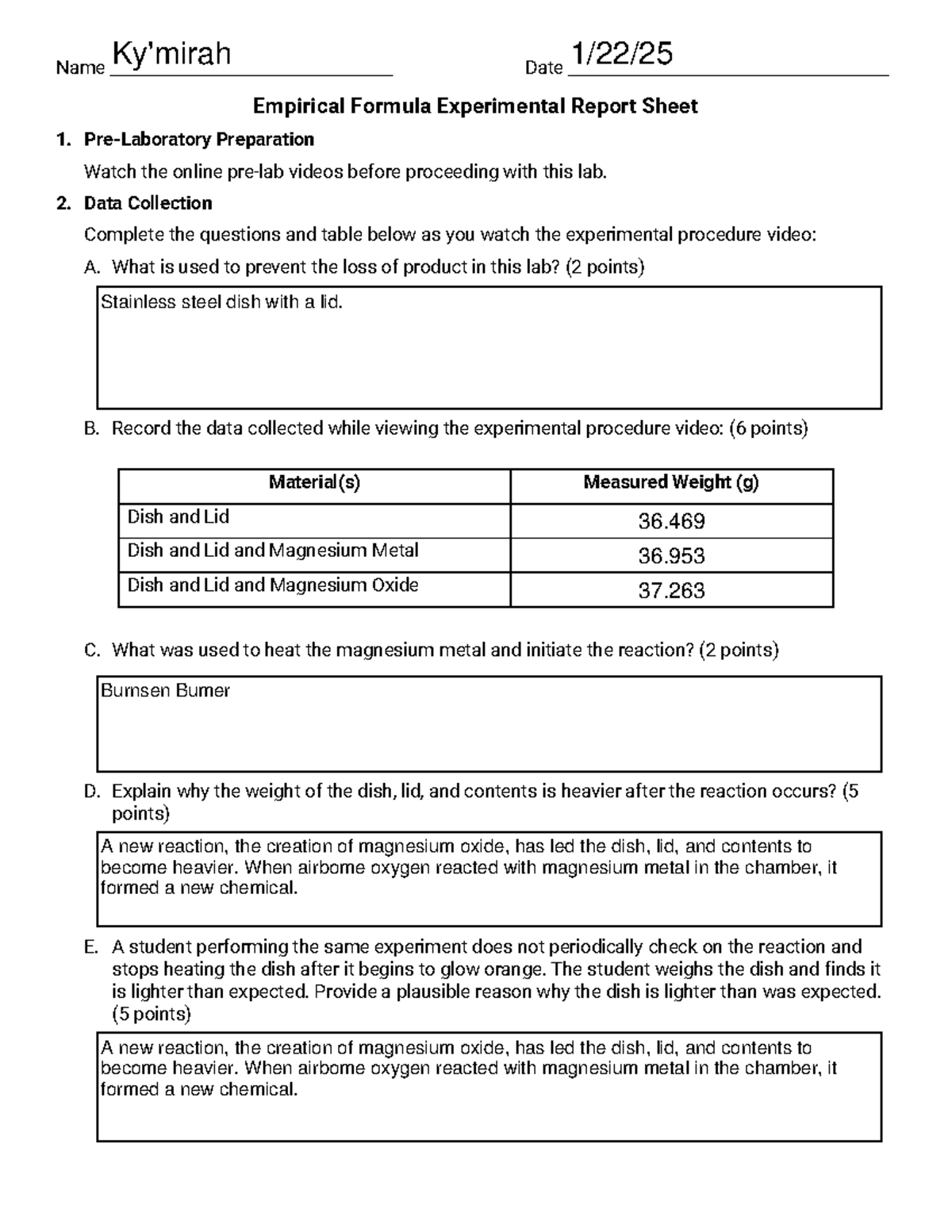 Empirical Formula Lab Report: Data Collection and Analysis Steps - Studocu