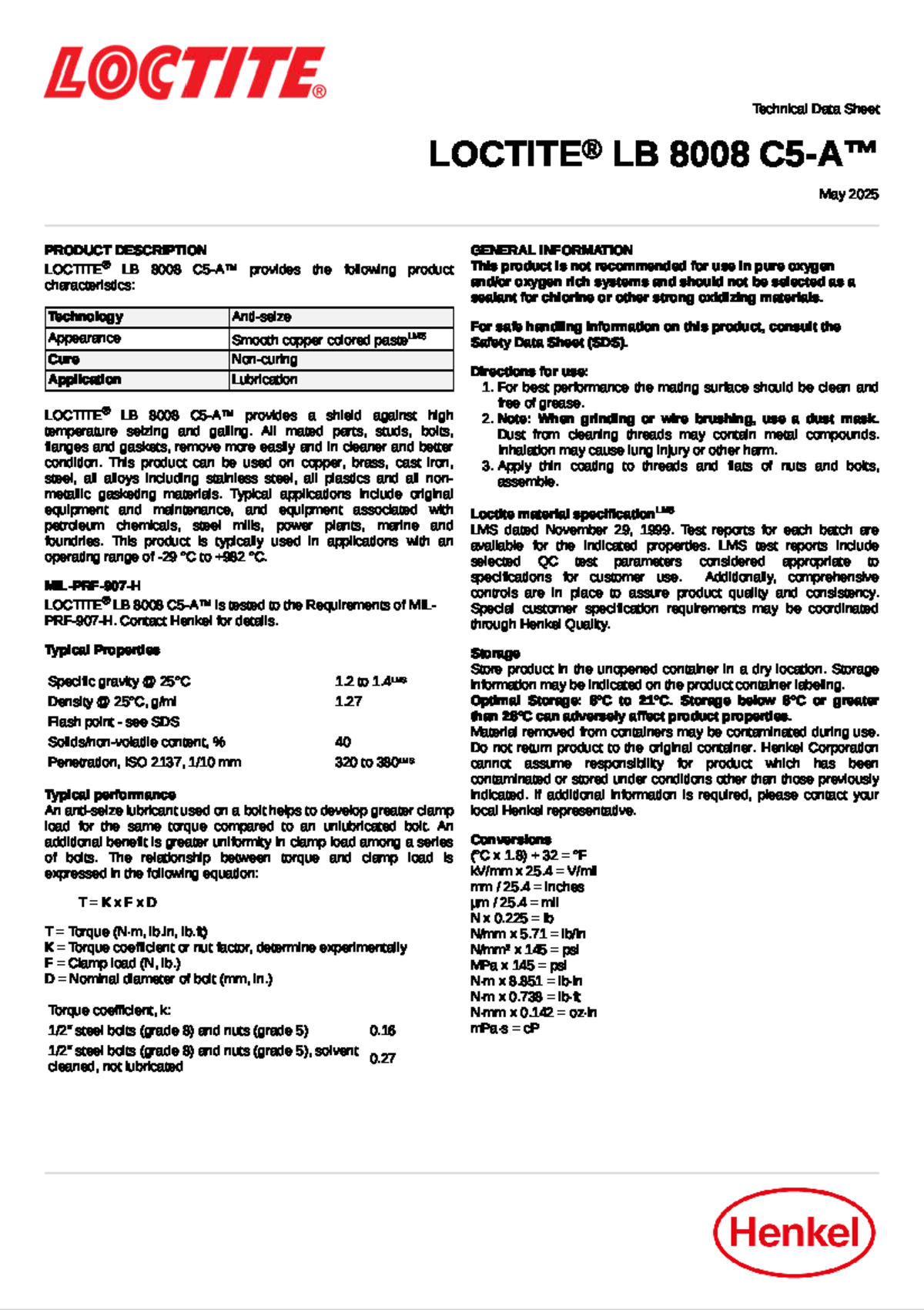 Loctite LB 8008 Technical Data Sheet - Product Info & Usage - Studocu