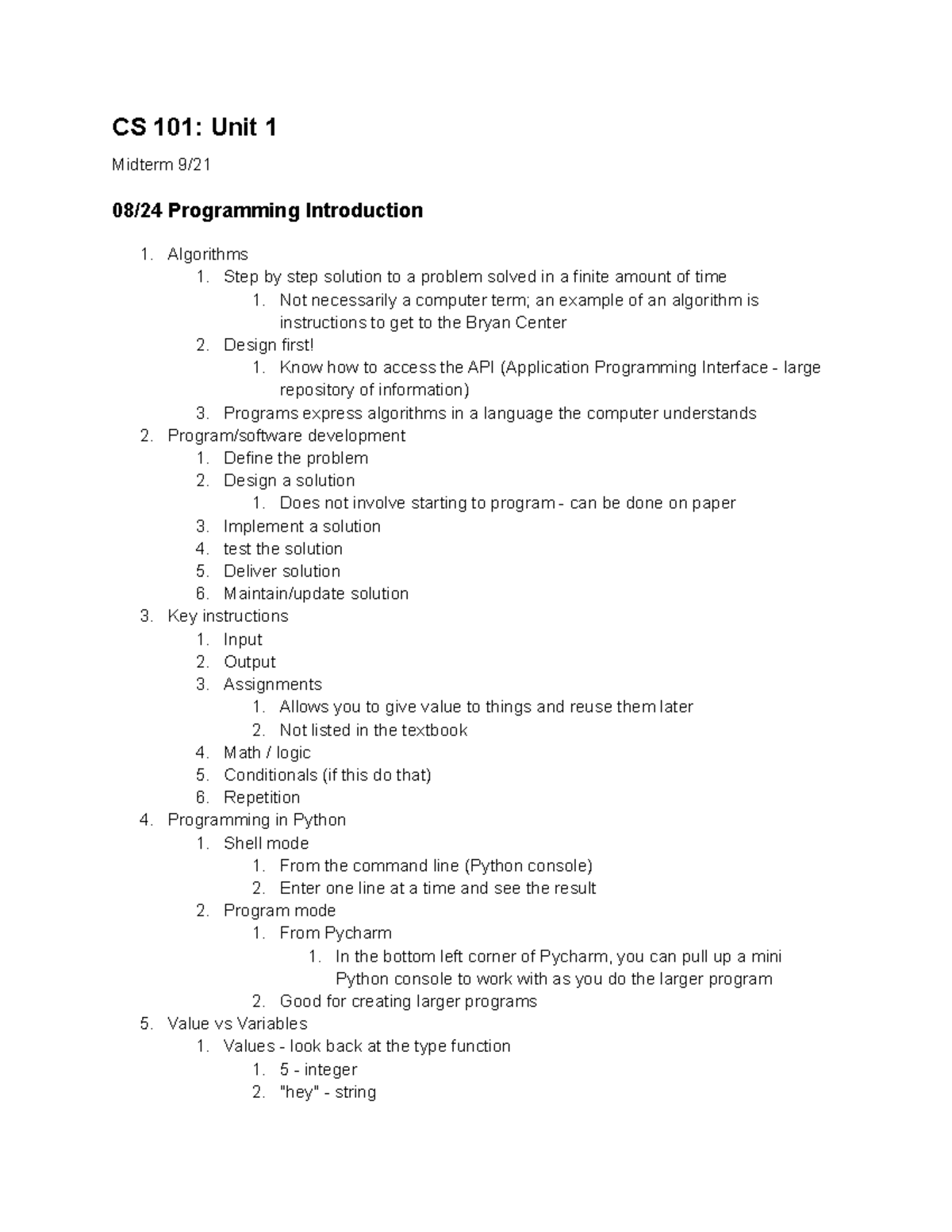 CS 101 Midterm Notes - Section 1: Introduction to Programming Concepts ...