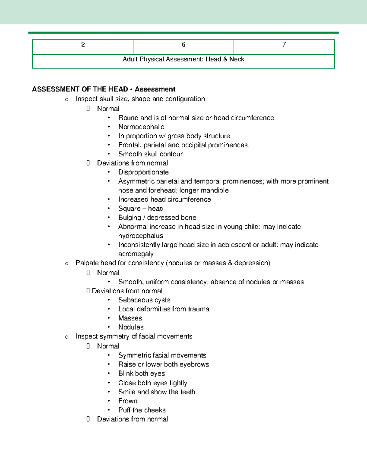HA Midterm - Study hard - ASSESSMENT OF THE HEAD • Assessment o Inspect ...