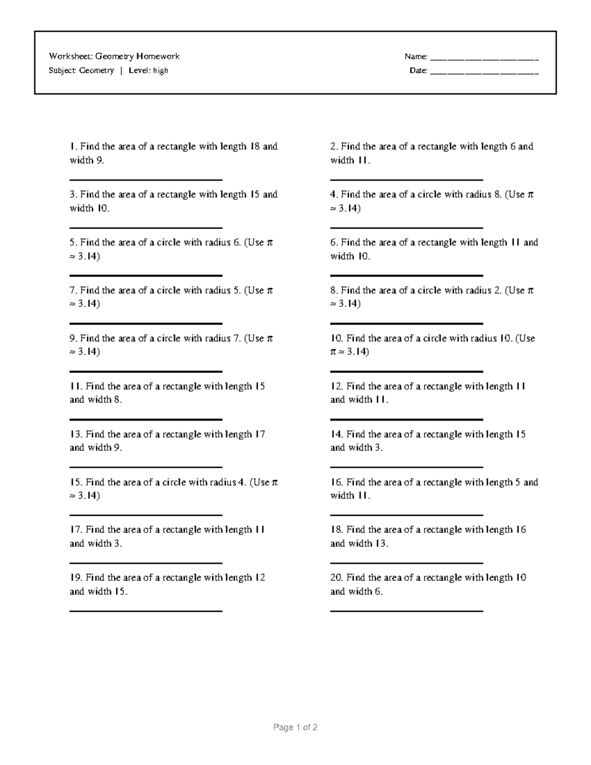 Geometry Homework Worksheet: Area Calculations and Word Problems - Studocu
