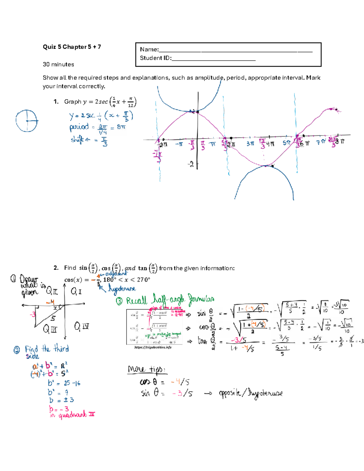 Quiz 5 Chapter 5 + 7 Solution Key - Prep Math for Engineers - Quiz 5 ...
