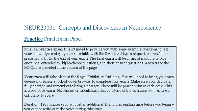 Neuroscience Practice Final Exam Questions (Course Code: NRS 101) - Studocu