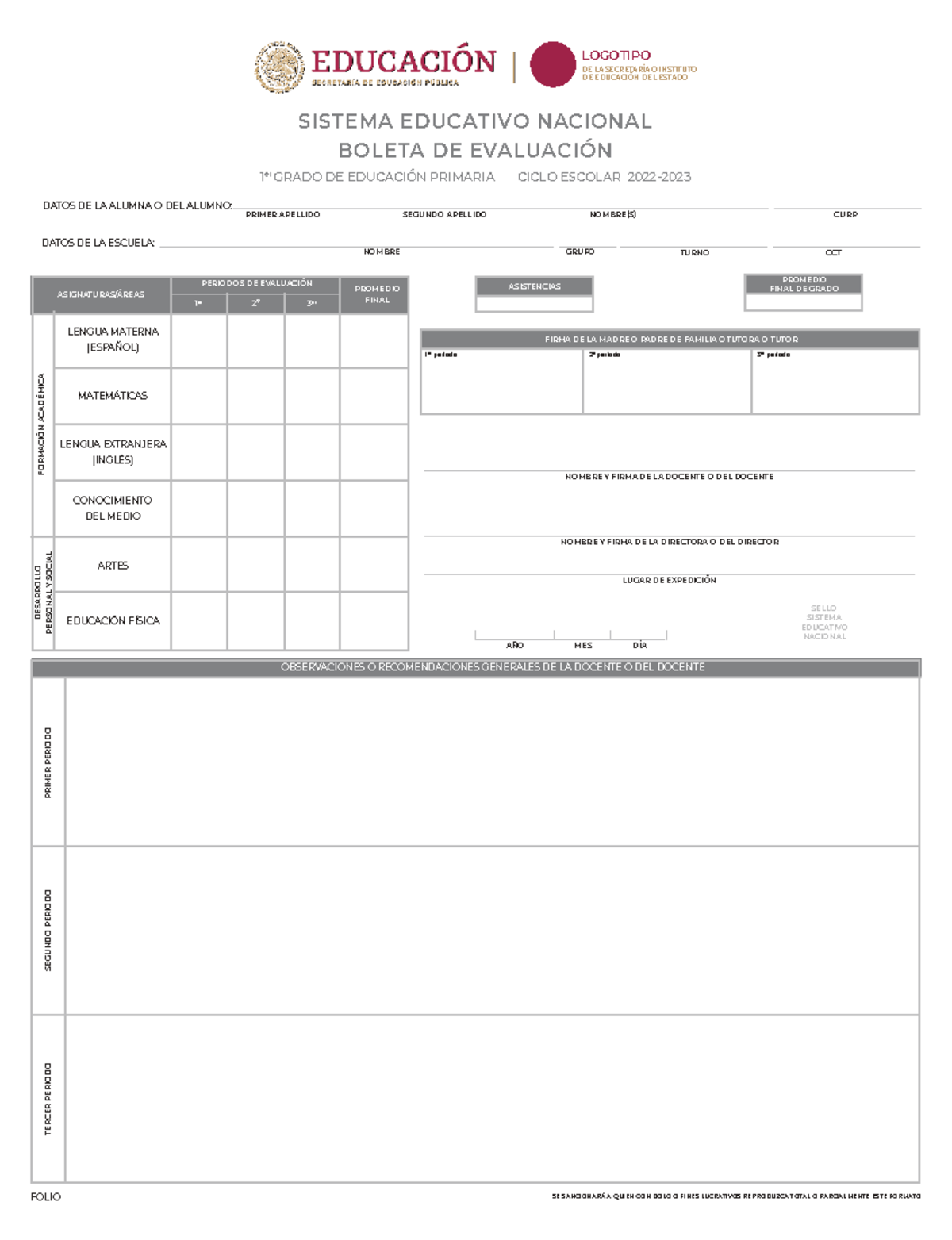Boleta de Evaluación 1er a 5o Grado de Educación Primaria - Studocu