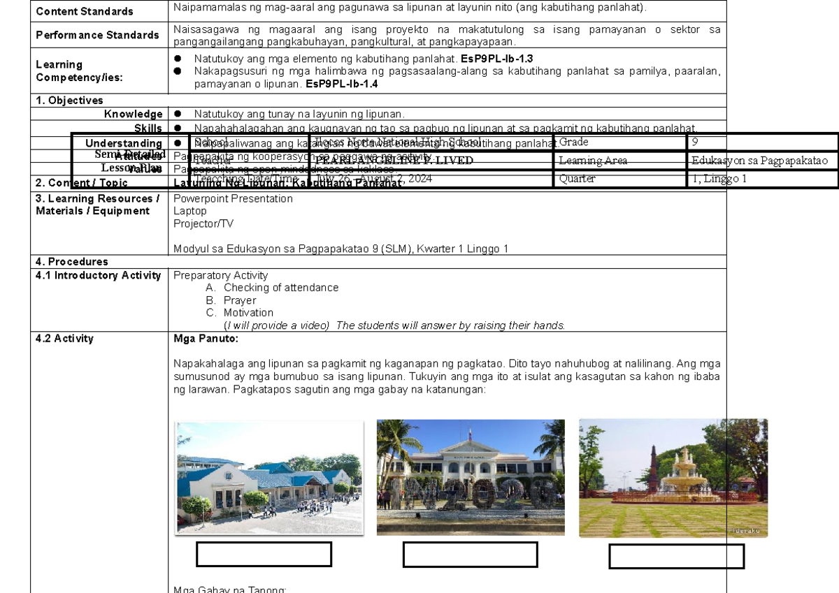 Q1 - Week 1 ESP 9 DLP - Semi-Detailed Lesson Plan on Kabutihang Panlahat - Studocu