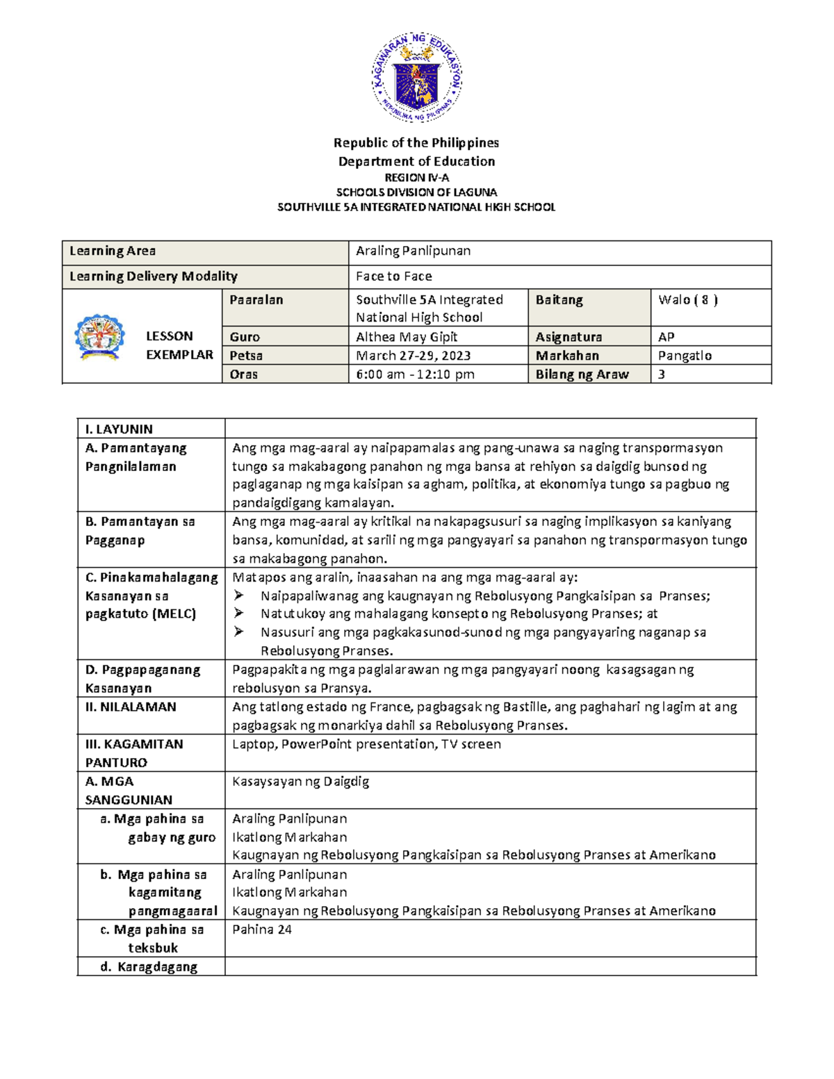 Rebolusyong Pranses - Lesson Exemplar - Republic of the Philippines ...