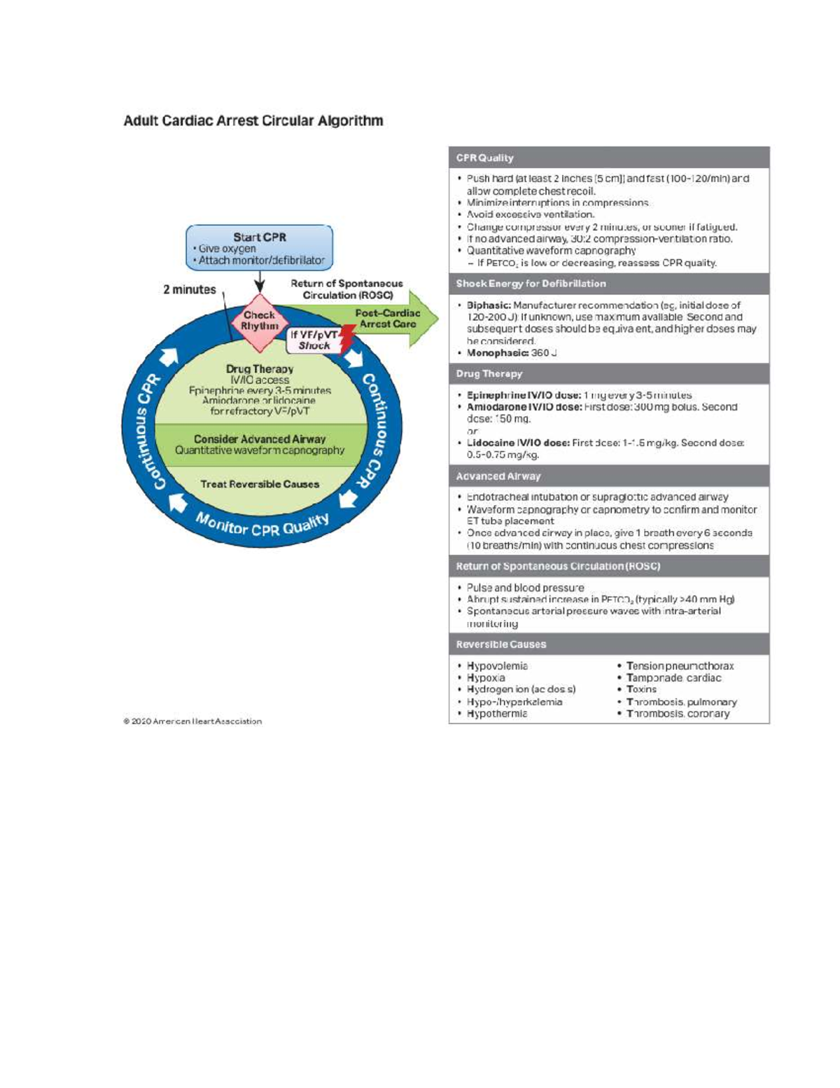 ACLS Algorithms Cheat Sheet for Adult Cardiac Arrest (2020) - Studocu