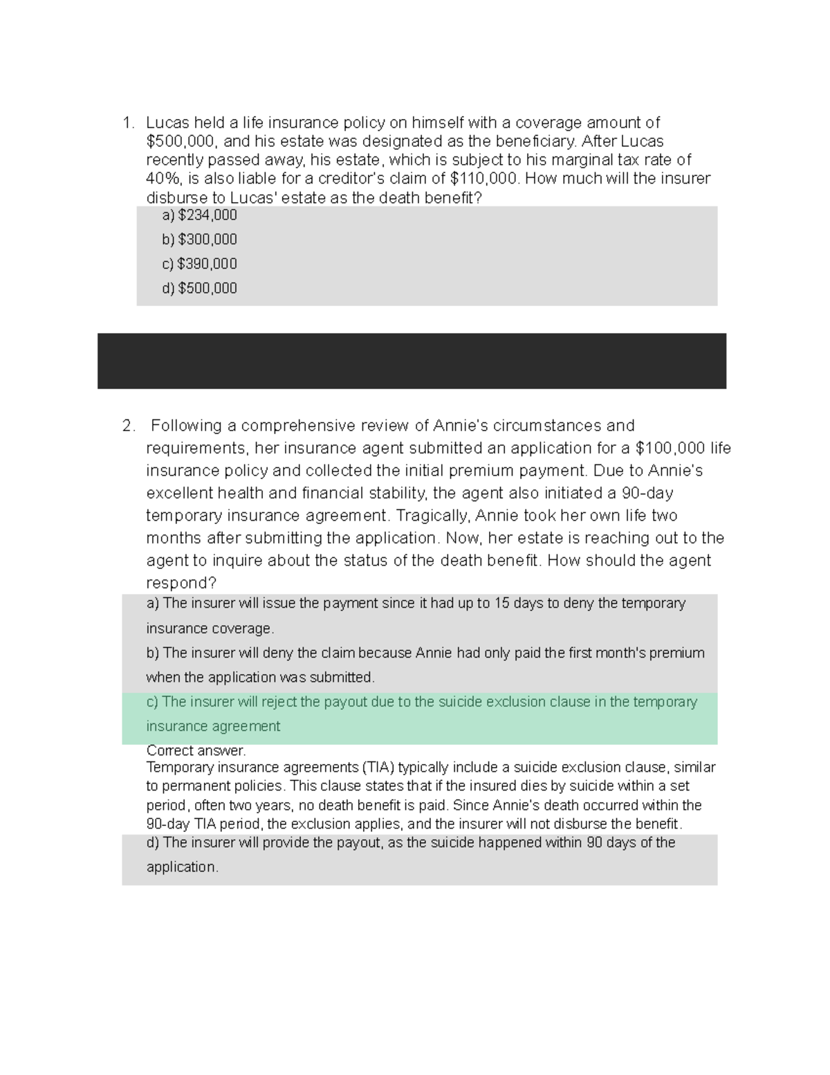 Life Insurance Prep Questions: Coverage, Claims, and Policies - Studocu