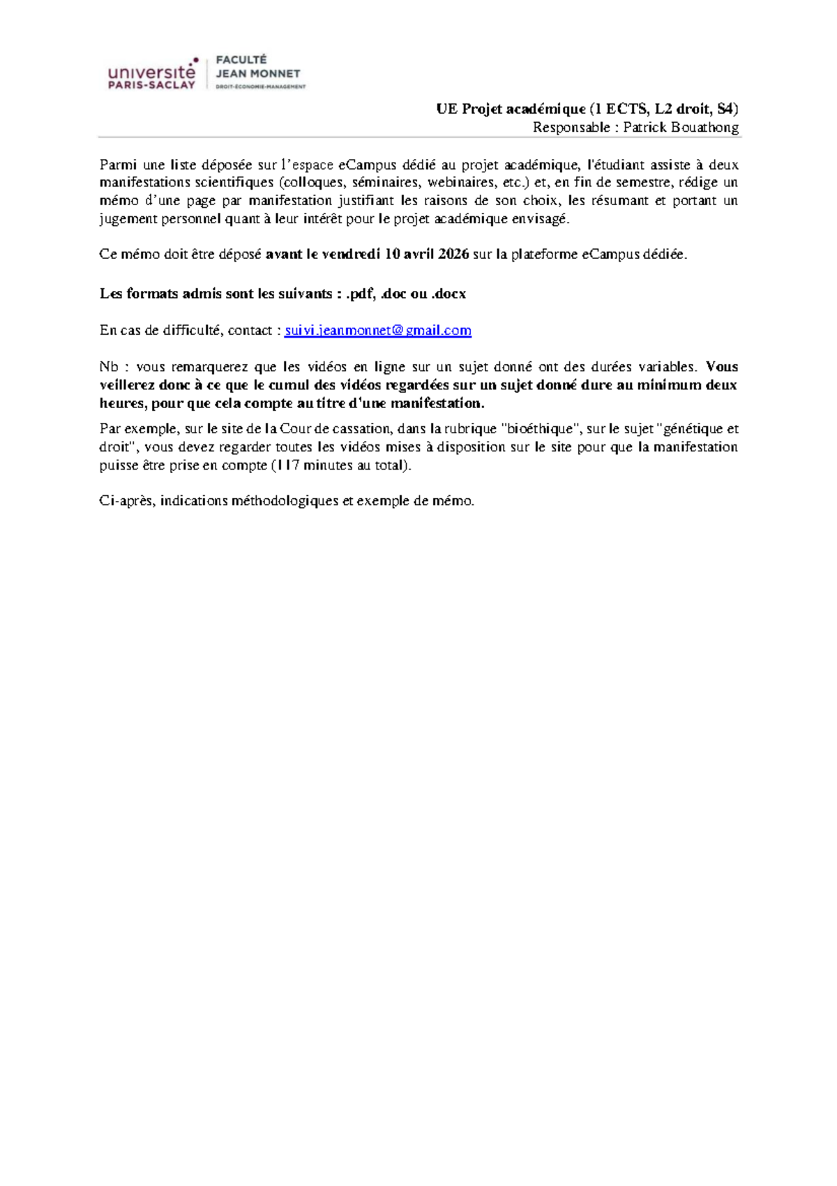 UE Projet académique 2025-2026 : Consignes et Mémo à Rédiger - Studocu