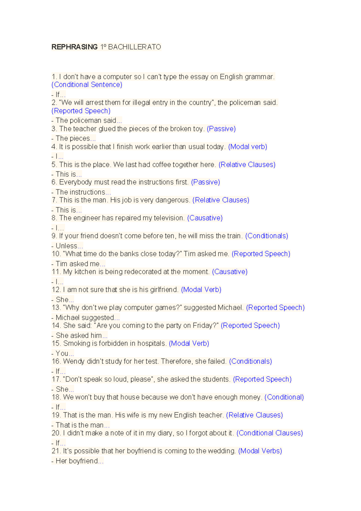 Rephrasing Exercises for 1º Bachillerato End of Course - Studocu