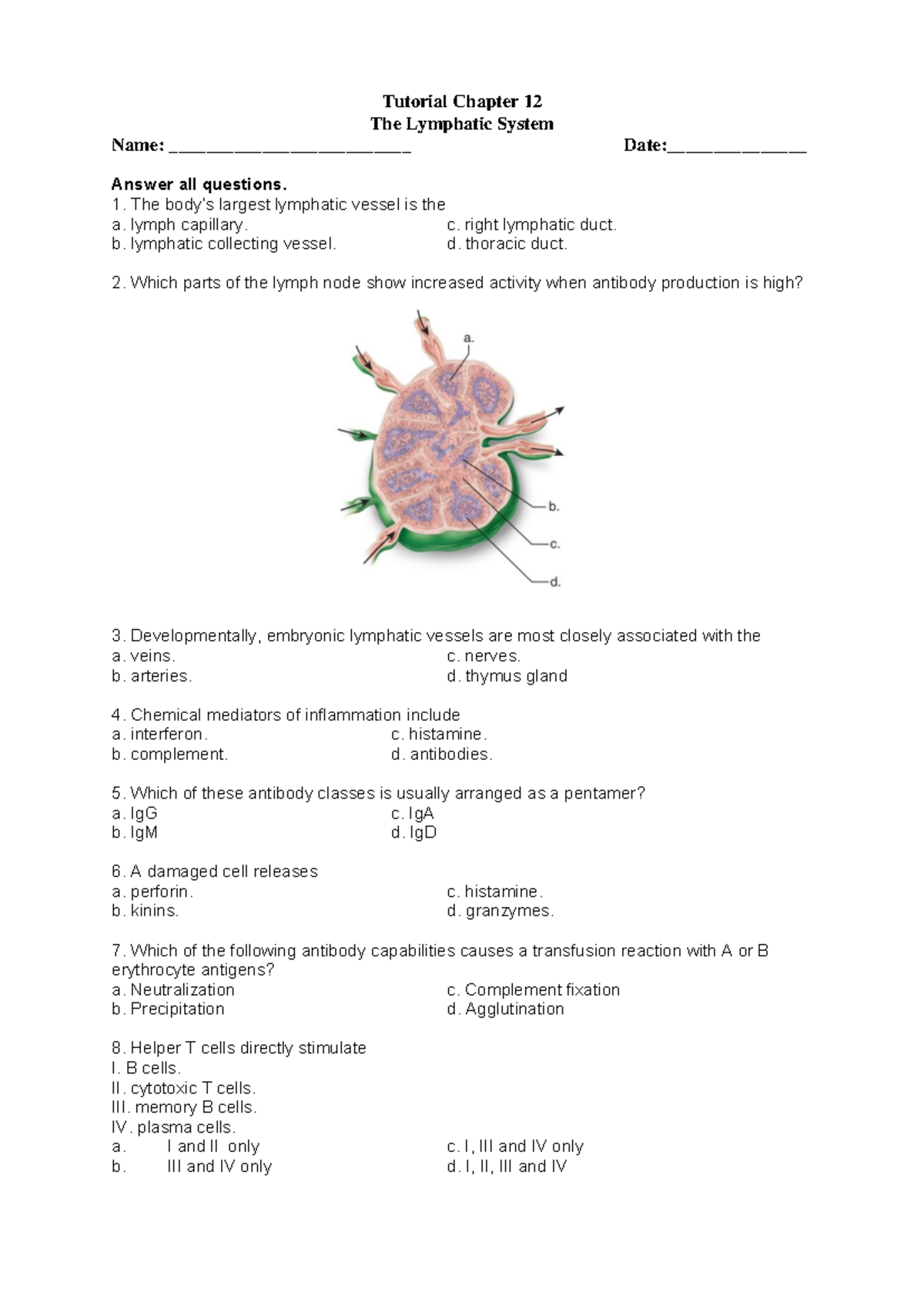 BIO210S Tutorial Chapter 12-2 - Tutorial Chapter 12 The Lymphatic ...