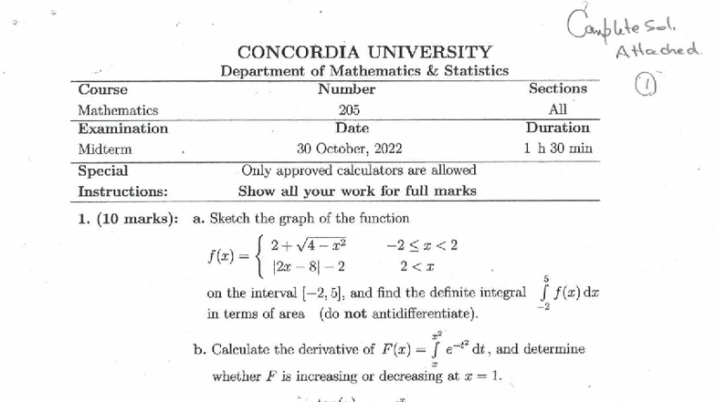 Midterm Exam Solutions for MATH 205 - Concordia University - Studocu