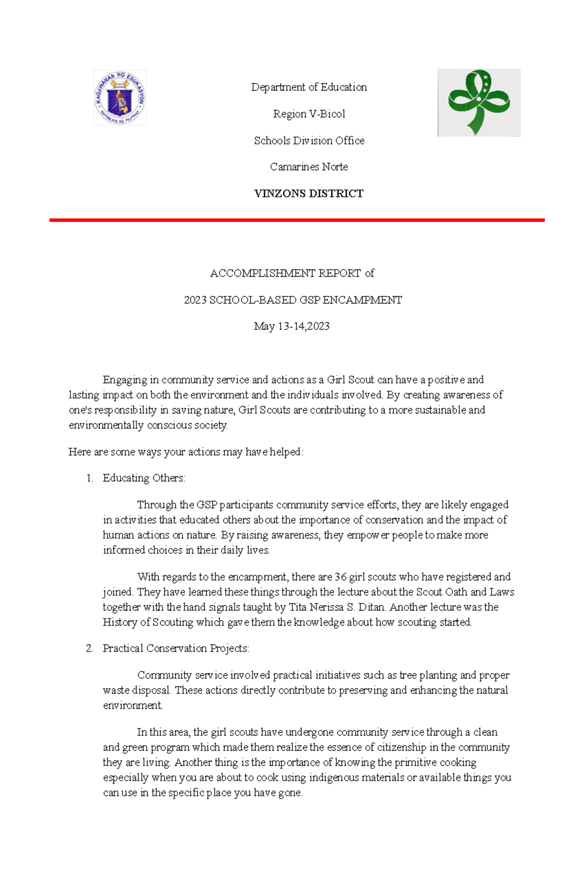 GSP-2023 School-Based Encampment Accomplishment Report - Studocu
