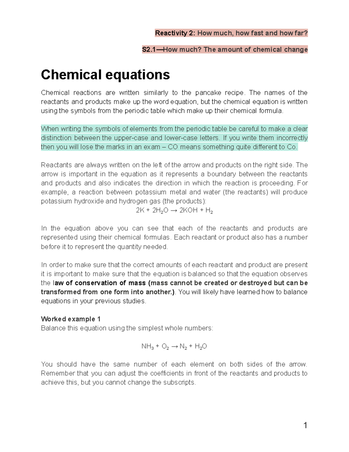 Reactivity 2: Understanding Chemical Change and Equations - Studocu