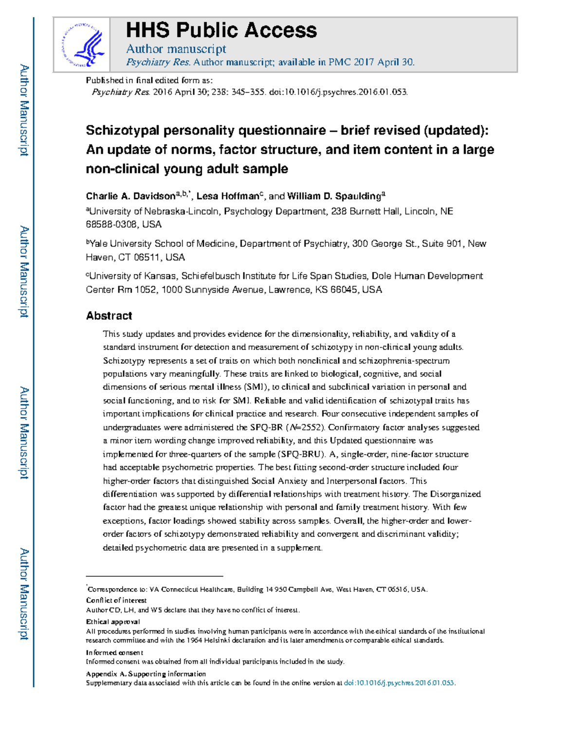 Davidson et al. (2017) Update on Schizotypal Personality Questionnaire ...
