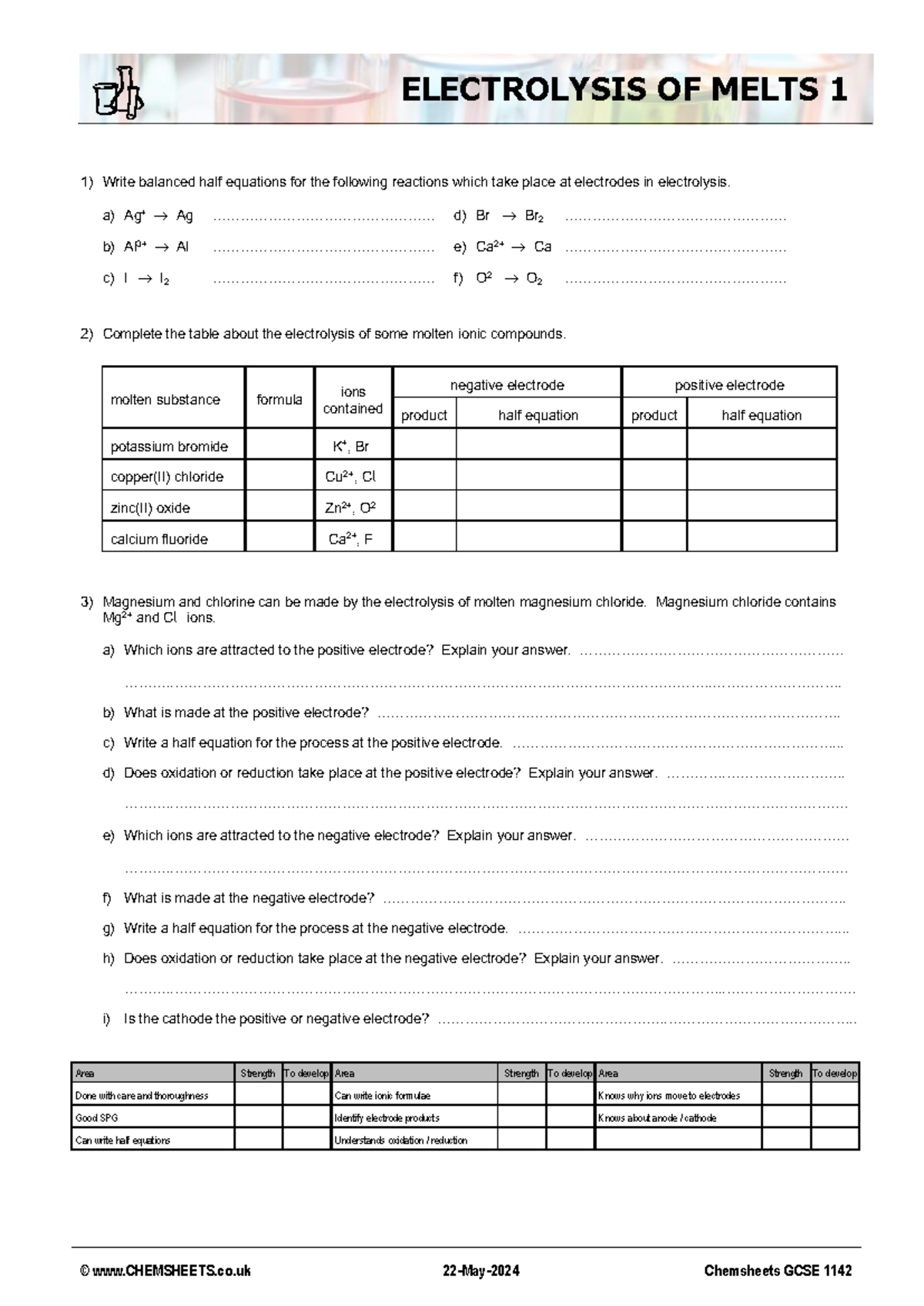 Chemsheets GCSE 1142 - Electrolysis of Melts: Half Equations ...