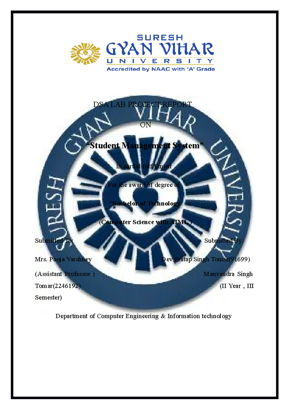 B.Tech CSE AIML 3rd Sem Project Report: Student Management System - Studocu