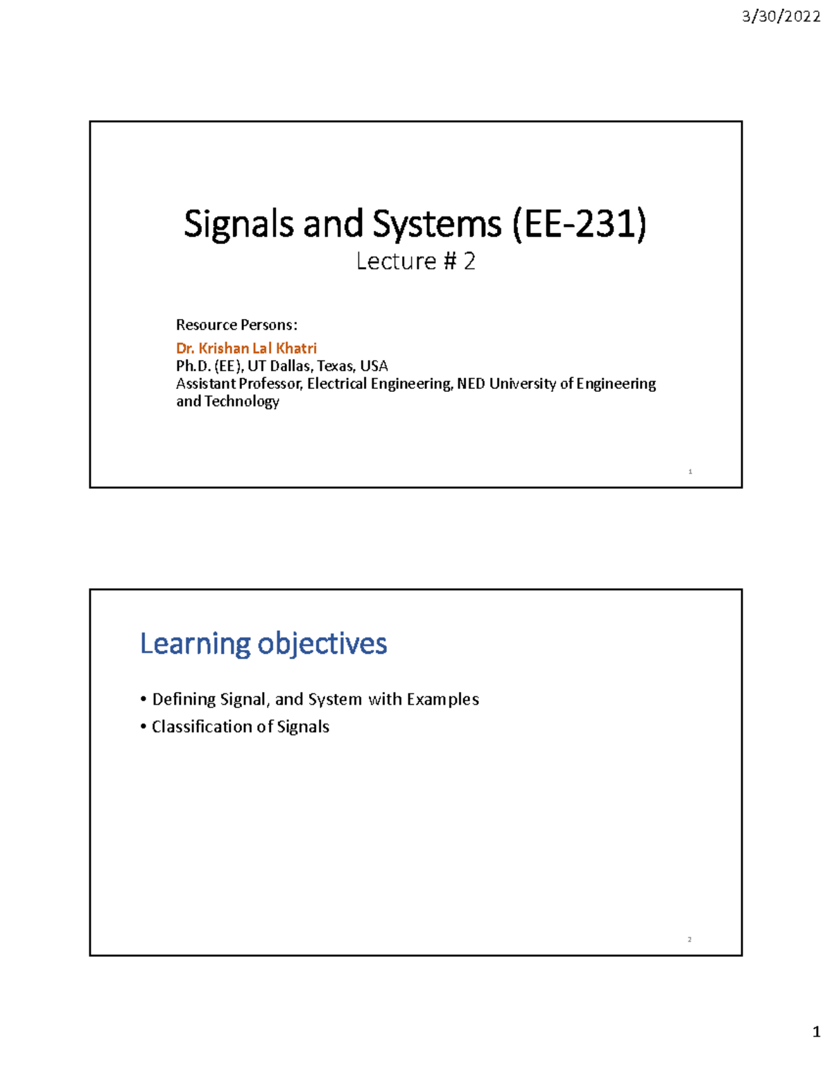 EE-231 Lecture 2: Introduction to Signals and Systems Concepts - Studocu