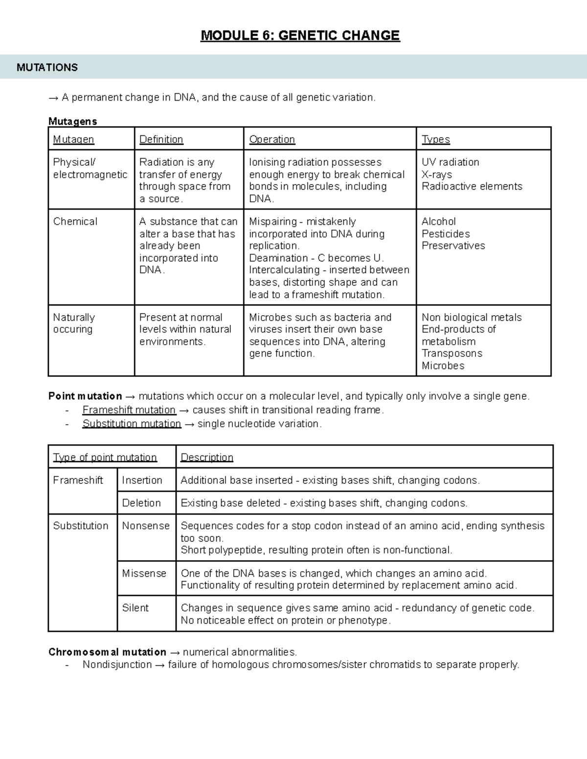 M6: Genetic Change & Mutations - Summary of Key Concepts and ...