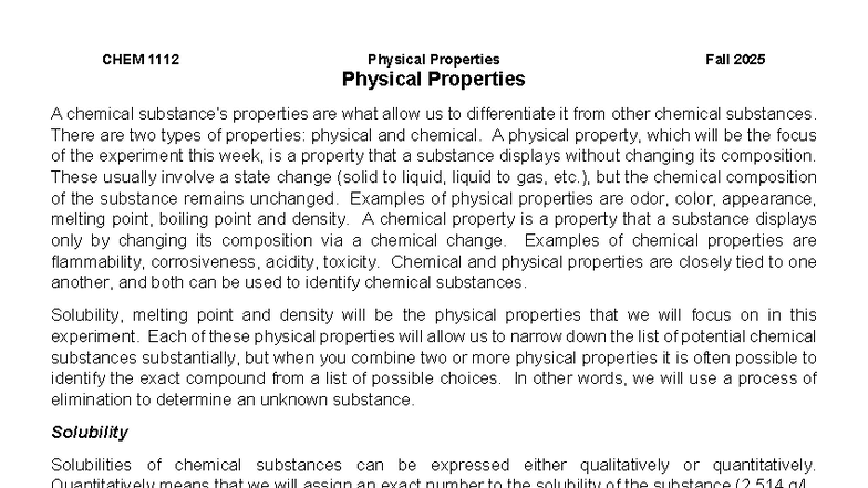 CHEM 101 Physical Properties Lab Report Fall 2025 - Studocu