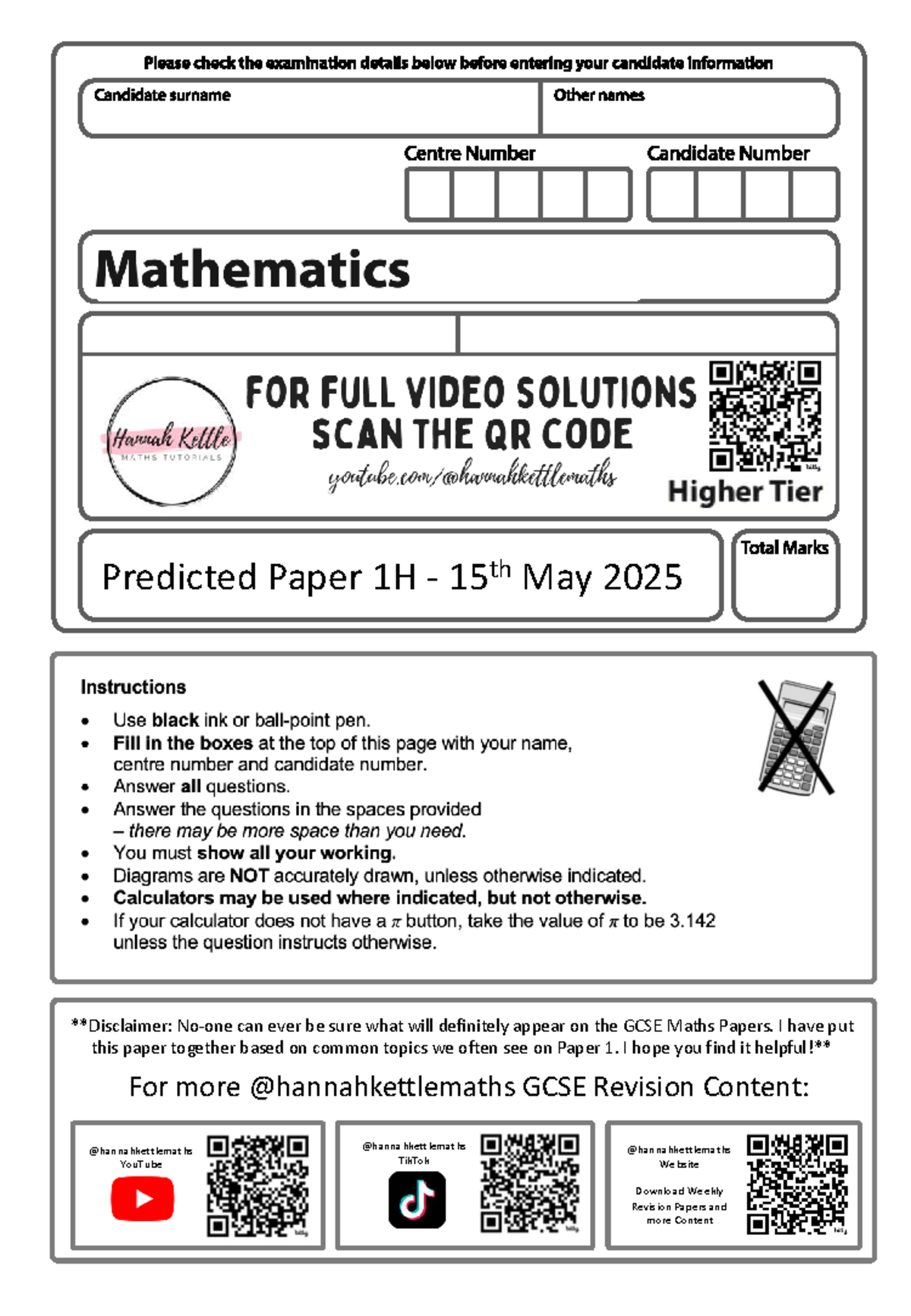 GCSE Maths Paper 1H Predicted Questions for 15th May 2025 - Studocu