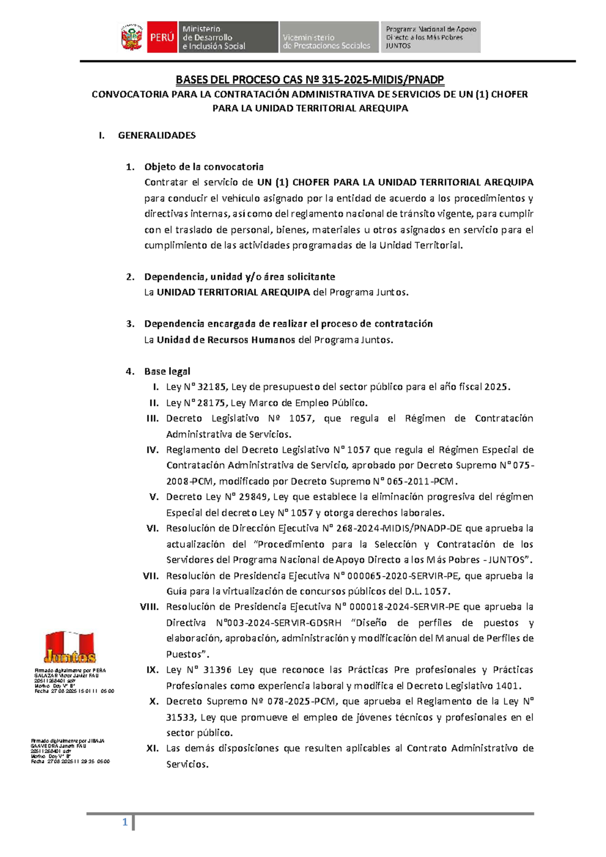 Bases CAS 315-2025: Convocatoria para Chofer UT Arequipa - Studocu