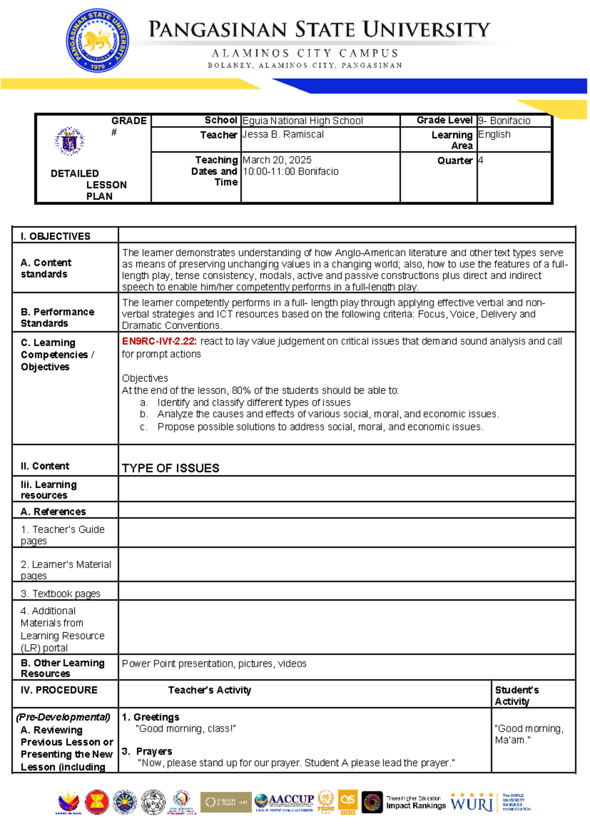 Lesson Plan: Analyzing Social Issues - Grade 9 English EGUIA-Q4 - Studocu