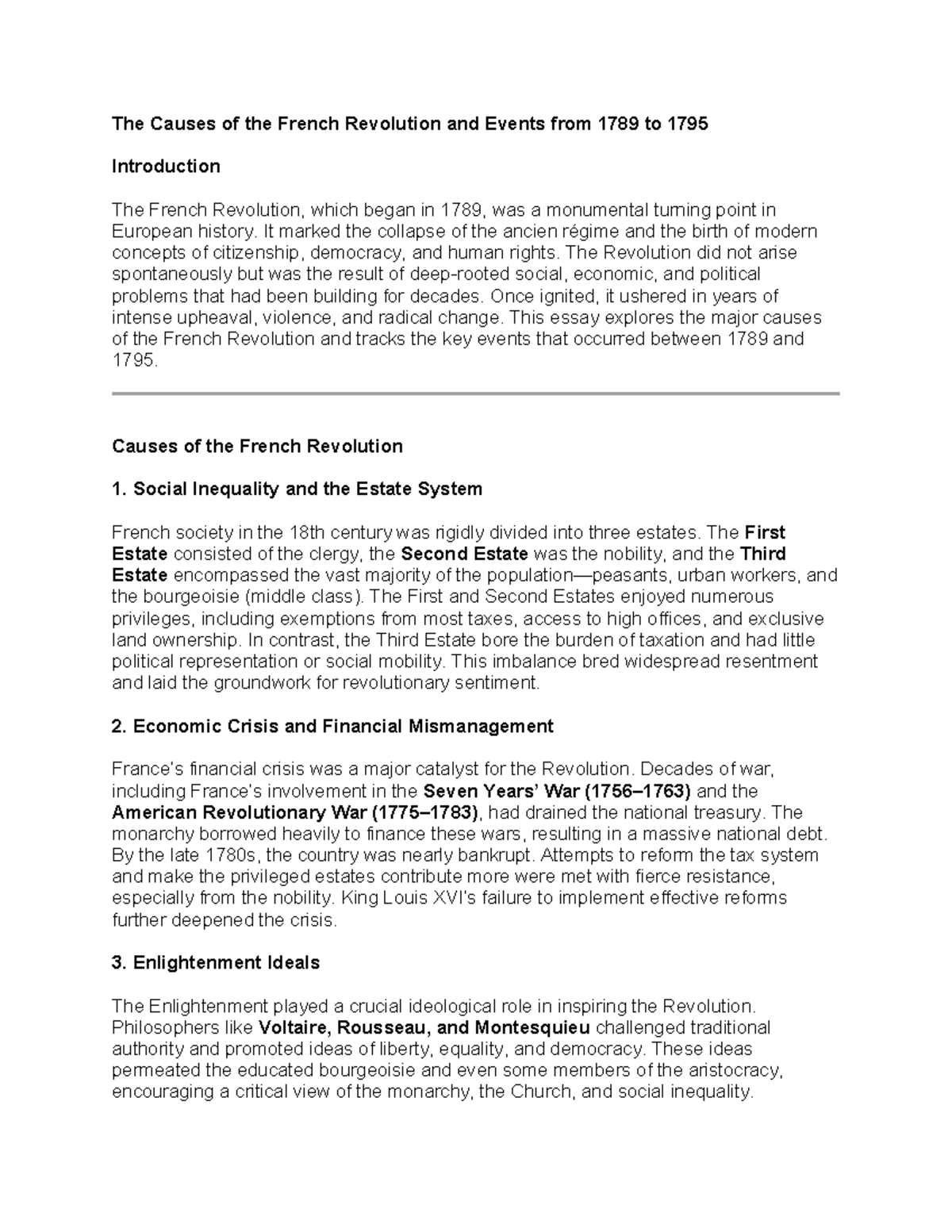 Causes and Events of the French Revolution (1789-1795) Essay - Studocu