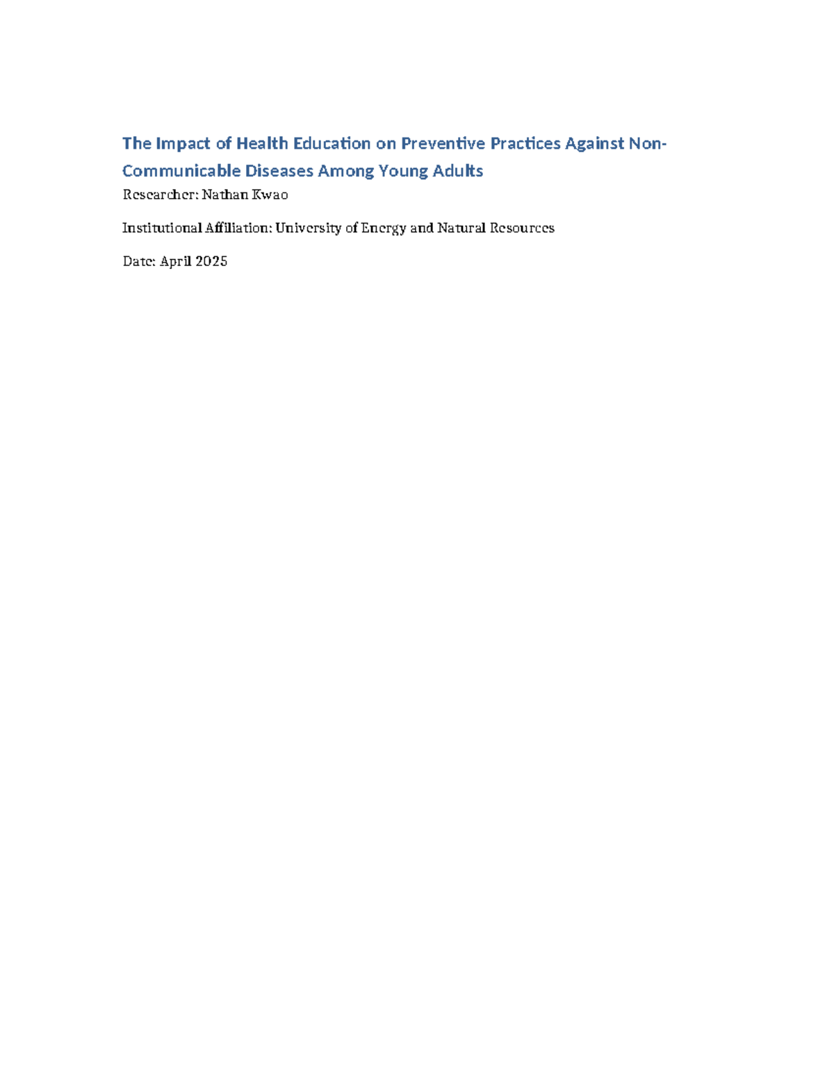 Health Education Impact on NCD Prevention Among Youth: Proposal - Studocu
