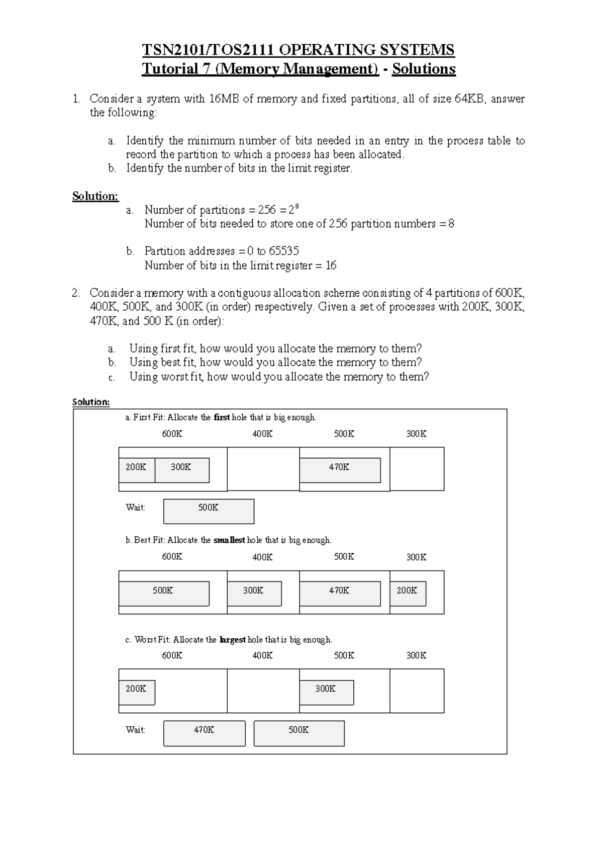 166467 tutorial 07 solutions - OPERATING SYSTEMS Tutorial 7 (Memory Management) Solutions 1 ...